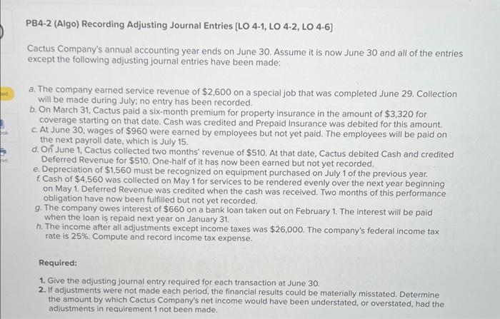 Solved PB4-2 (Algo) Recording Adjusting Journal Entries [LO | Chegg.com
