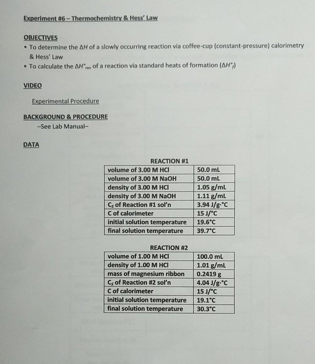 Solved Experiment #6 - Thermochemistry & Hess' Law | Chegg.com