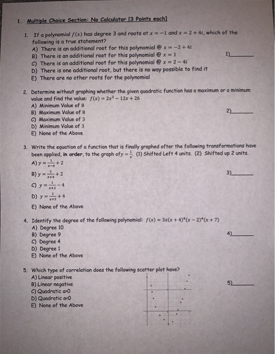 Solved 1. Multiple Choice Section: No Calculator (3 Points | Chegg.com