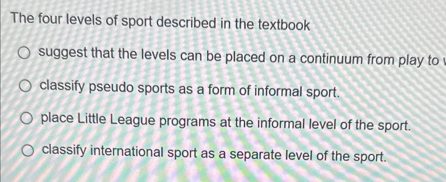 Solved The four levels of sport described in the textbook | Chegg.com
