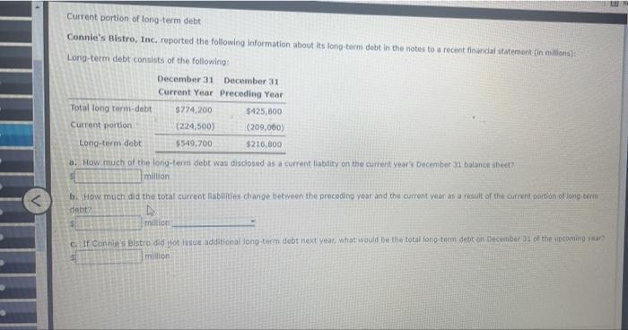 Solved Current portion of long-term debt Connie's Bistro, | Chegg.com