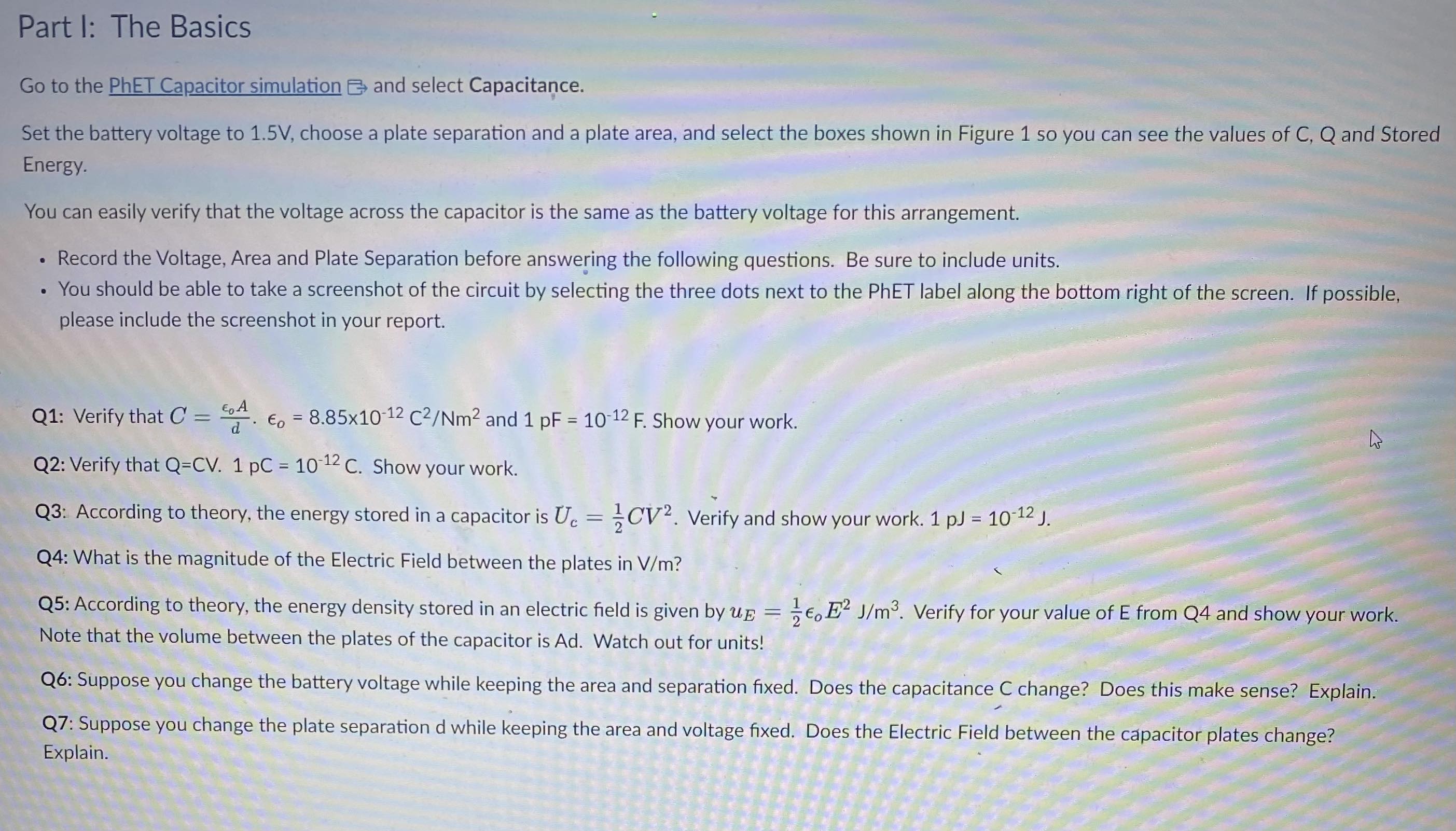 Solved Part I: The BasicsGo to the PhET Capacitor simulation | Chegg.com
