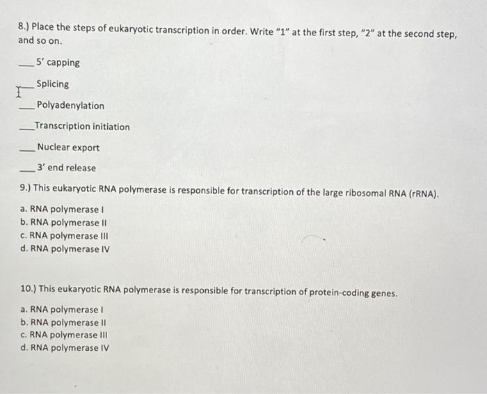 Solved 8.) Place the steps of eukaryotic transcription in | Chegg.com