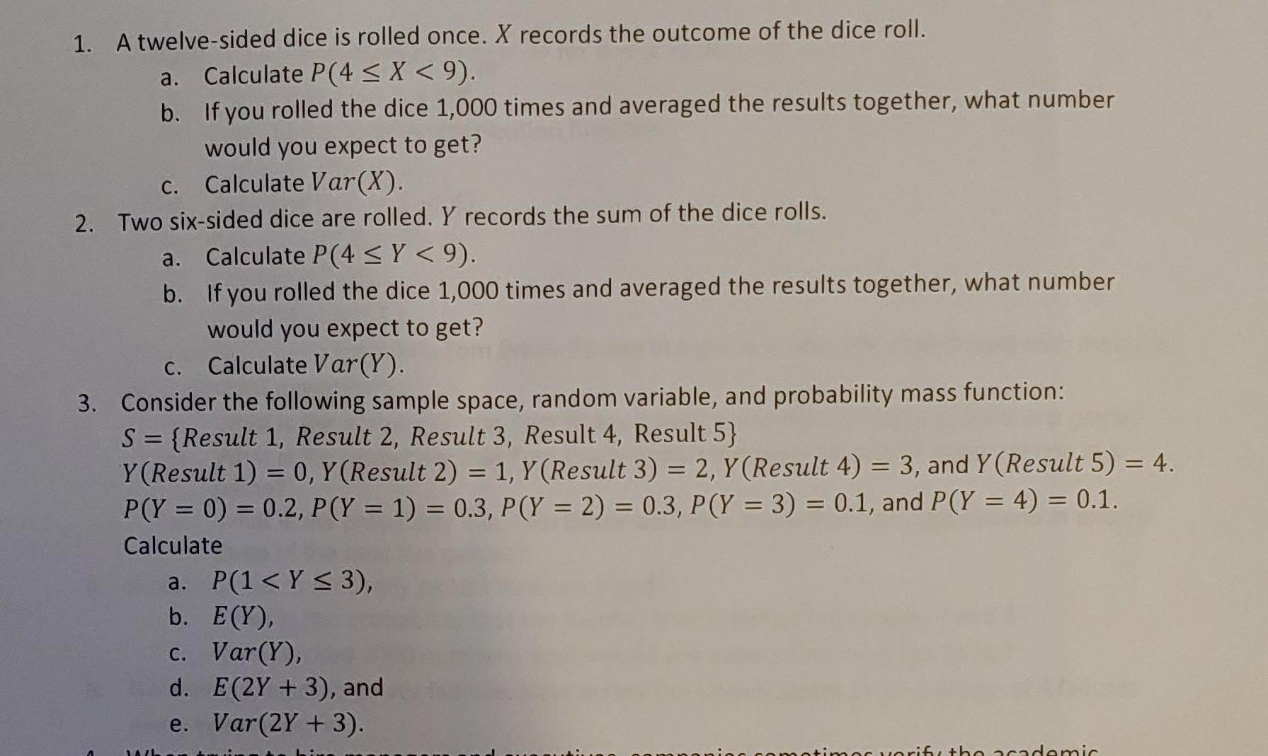 Solved 1. A twelve-sided dice is rolled once. X records the | Chegg.com