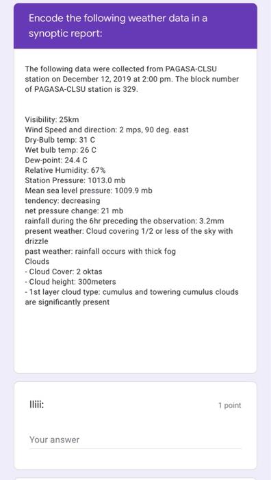 Solved Encode the following weather data in a synoptic | Chegg.com