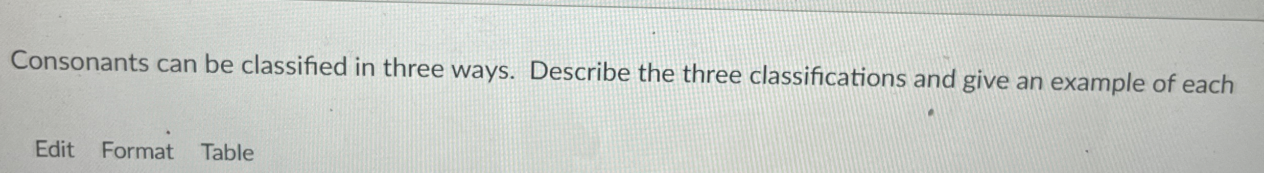 Solved Consonants can be classified in three ways. Describe | Chegg.com