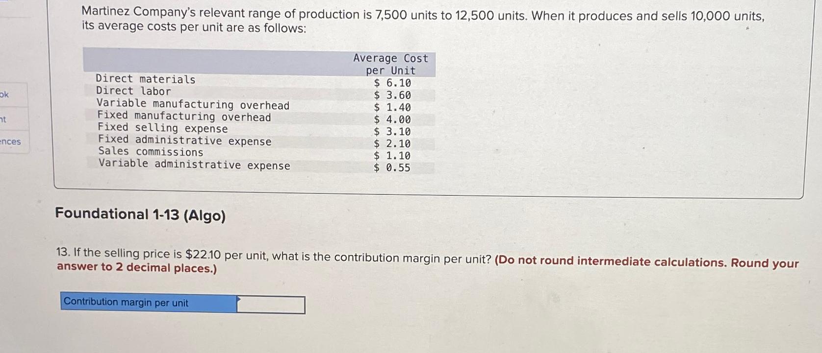 Solved Martinez Company's relevant range of production is | Chegg.com