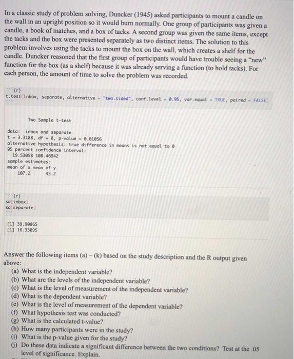 Solved In a classic study of problem solving, Duncker (1945) | Chegg.com