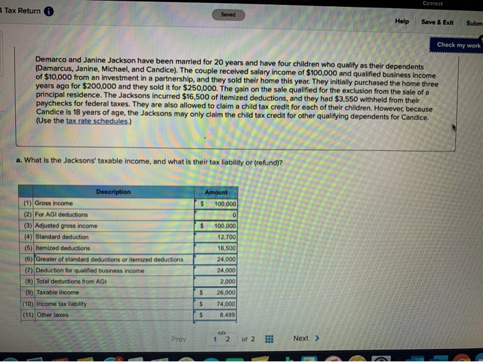 Solved Connect Tax Return Saved Help Save & Exit Subm Check | Chegg.com