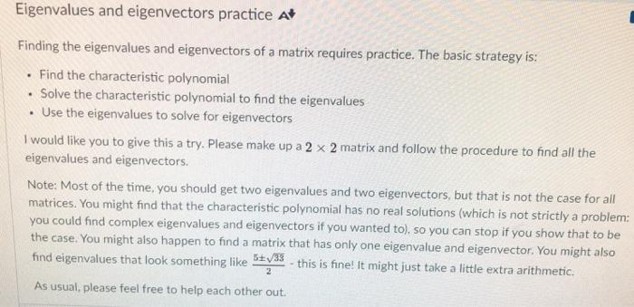 Solved Eigenvalues and eigenvectors practice A Finding the | Chegg.com