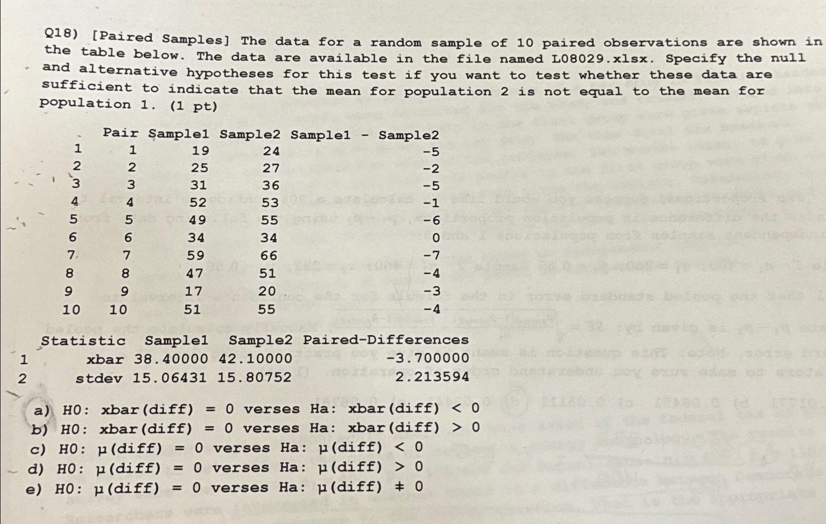 Solved Q18) [Paired Samples] ﻿The data for a random sample | Chegg.com