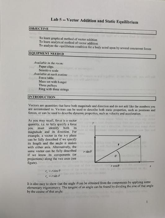 Lab 5 - Vector Addition and Static Equilibrium | Chegg.com