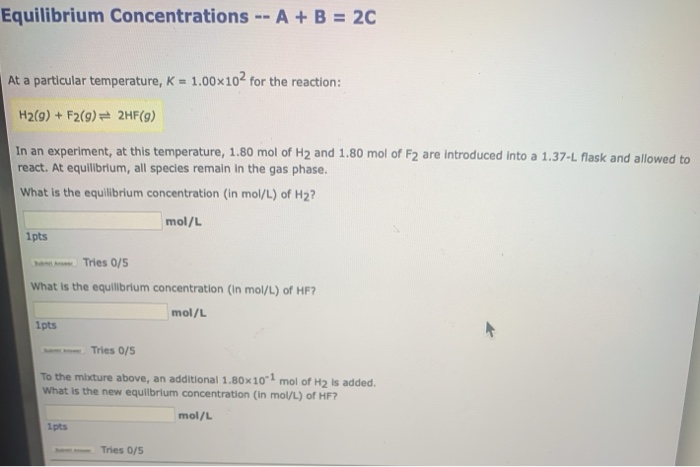 Solved Equilibrium Concentrations -- A + B = 20 At a | Chegg.com
