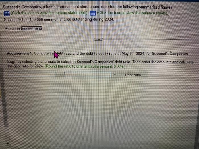 Solved Requirements 1. Compute the debt ratio and the debt | Chegg.com