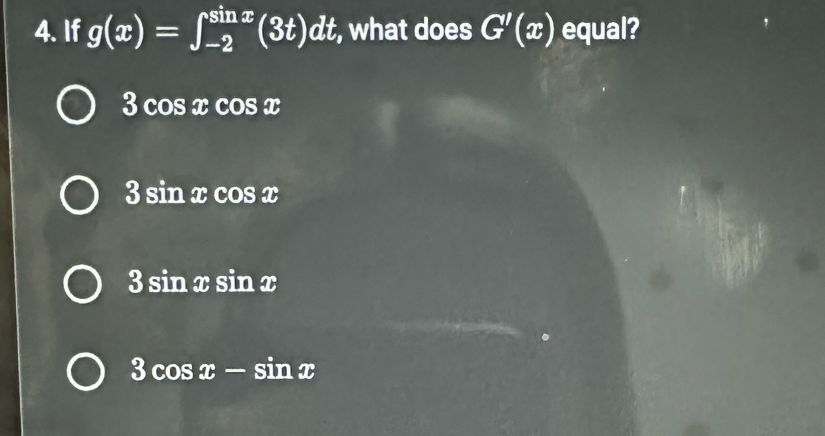 Solved If g(x)=∫-2sinx(3t)dt, ﻿what does G'(x) | Chegg.com