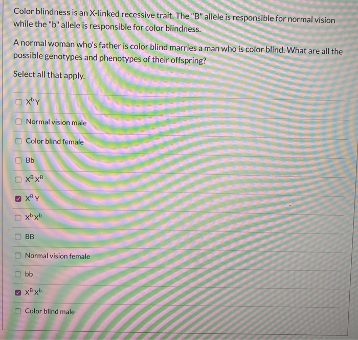 Solved Color blindness is an X-linked recessive trait. The | Chegg.com