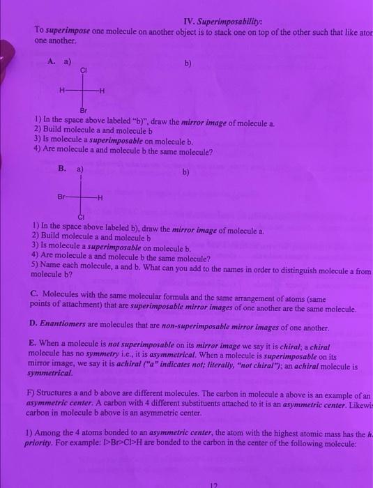 Solved IV. Superimposability: To superimpose one molecule on | Chegg.com