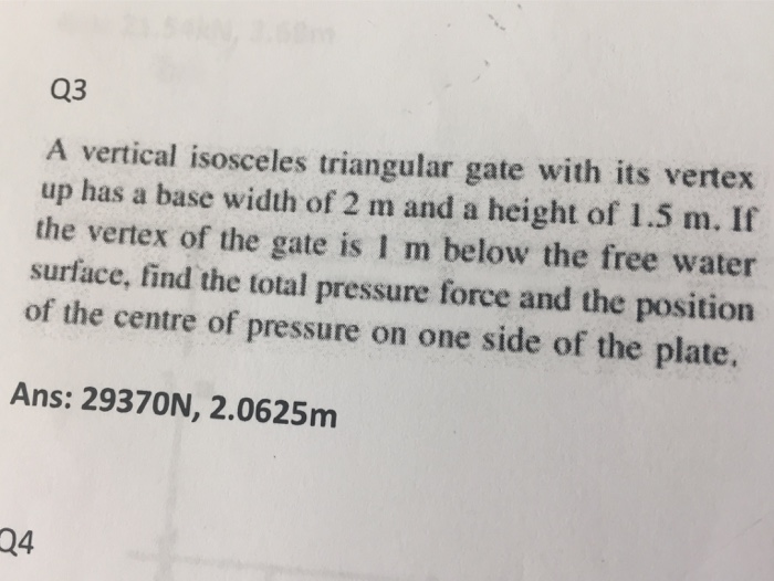 Solved Q3 A vertical isosceles triangular gate with its | Chegg.com