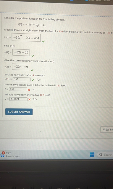 Solved Consider the position function for free-falling | Chegg.com