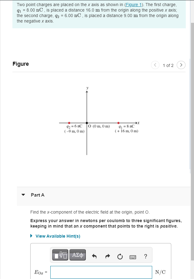 Solved Two point charges are placed on the x ﻿axis as shown | Chegg.com