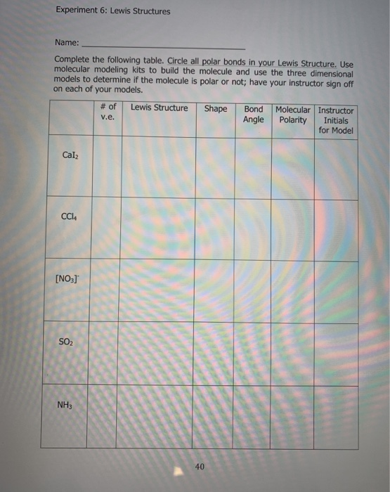 Solved Experiment 6: Lewis Structures Name: Complete the | Chegg.com