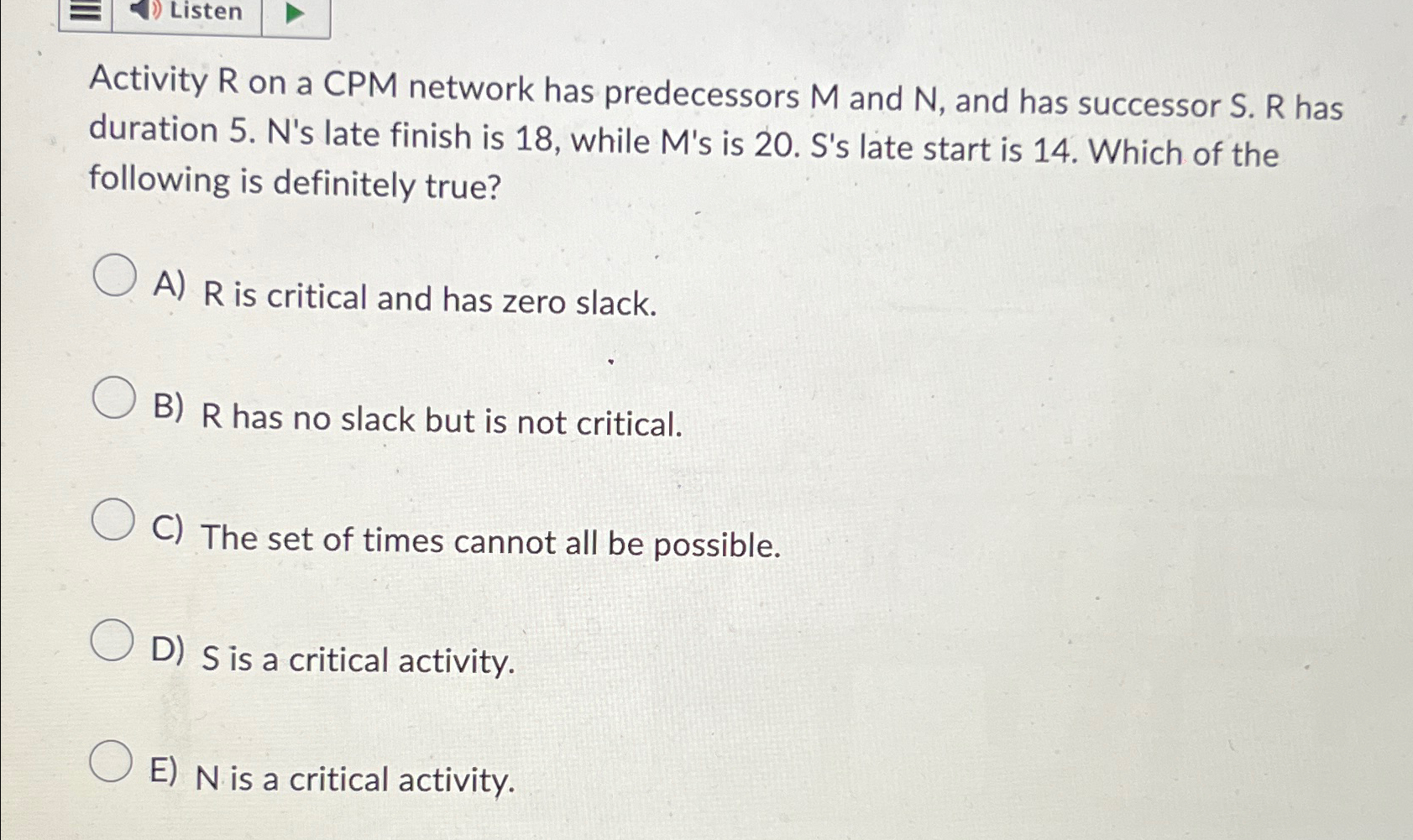 Solved ListenActivity R on a CPM network has predecessors M | Chegg.com