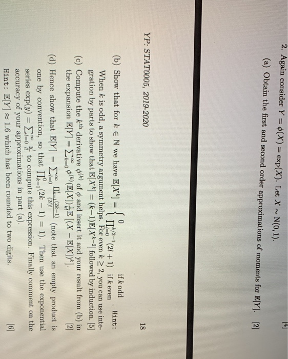 2. Again consider Y = 0(X) = exp(X). Let X ~ N(0,1). | Chegg.com