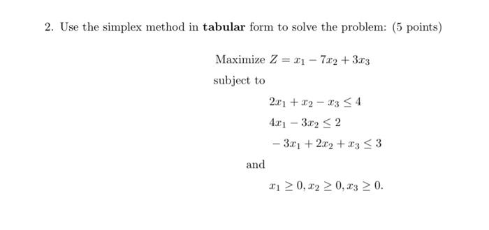 Solved 2. Use the simplex method in tabular form to solve | Chegg.com