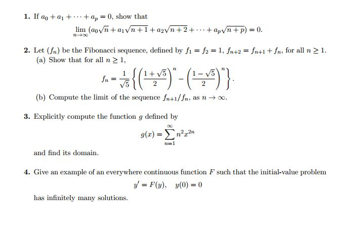 If a0 + a1 + ... + ap = 0, show that Let (fn) be the | Chegg.com