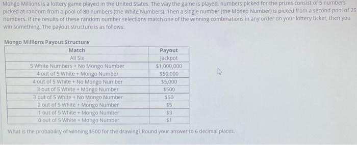 Solved Mongo Millions is a lottery game played in the United | Chegg.com