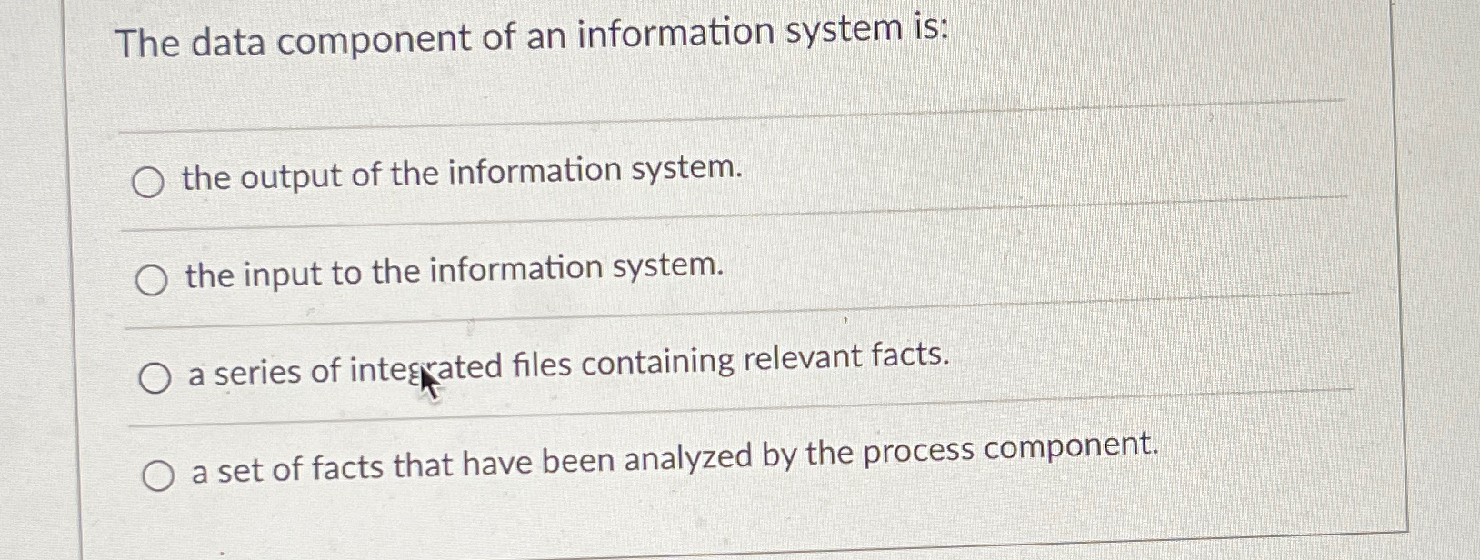 Solved The data component of an information system is:the | Chegg.com