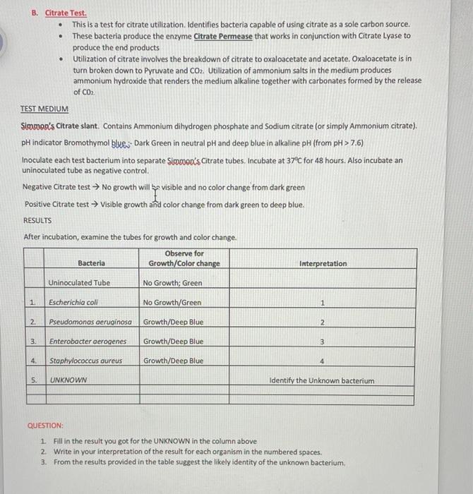 Solved B. Citrate Test. • This is a test for citrate | Chegg.com