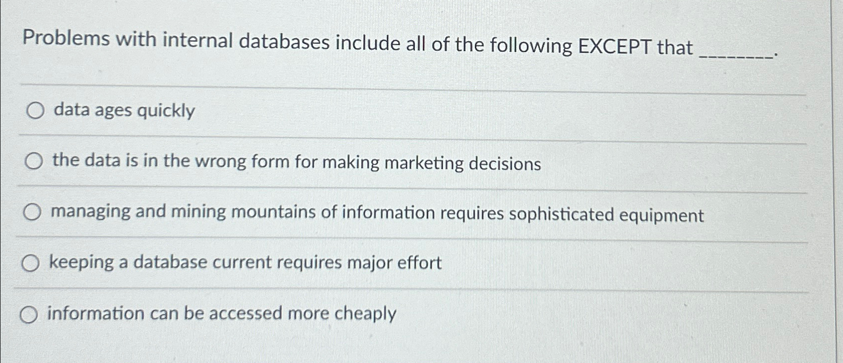Solved Problems with internal databases include all of the | Chegg.com