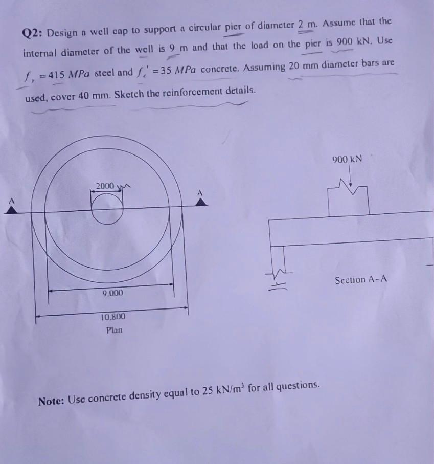 Solved Q2: Design a well enp to support a circular pier of | Chegg.com