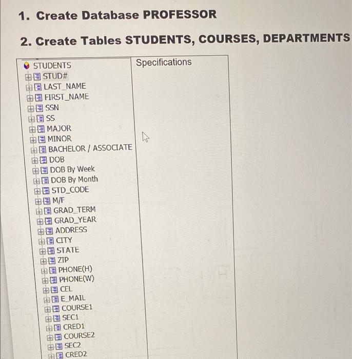 1. Create Database PROFESSOR 2. Create Tables | Chegg.com