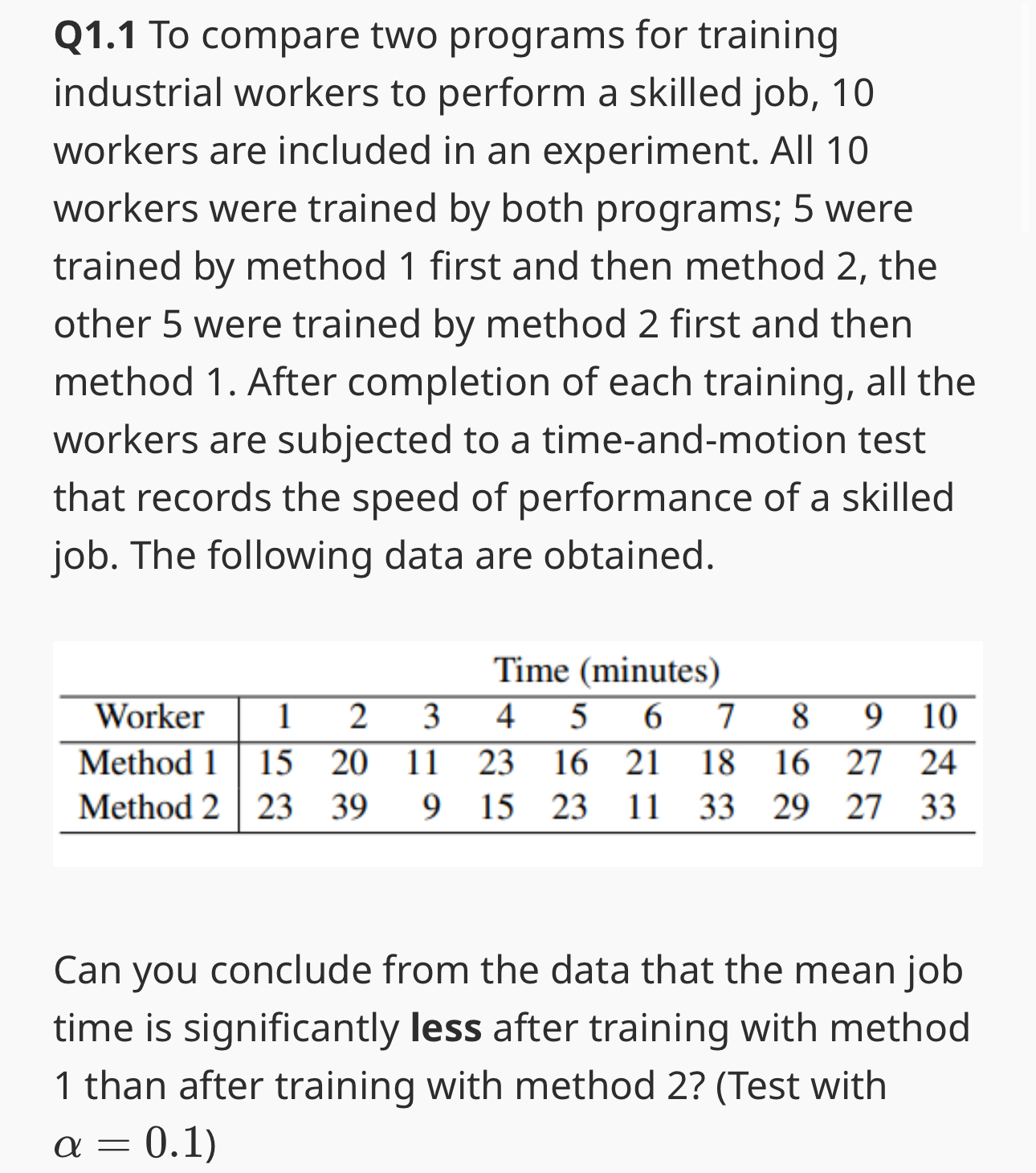 Solved Q1.1 ﻿To compare two programs for training industrial | Chegg.com