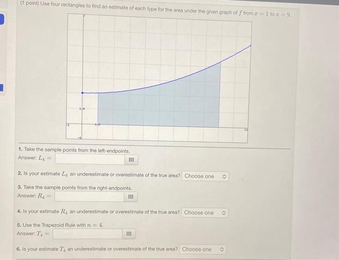 Solved (1 point) Use four rectangles to find an estimate of | Chegg.com