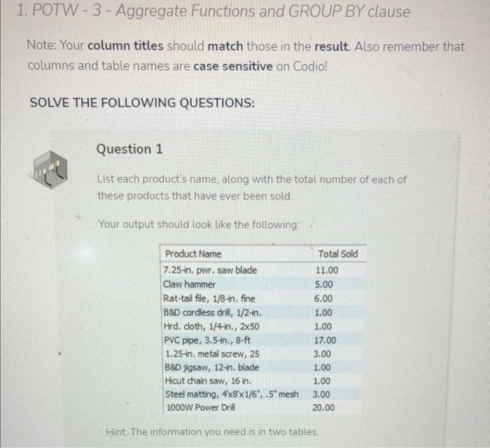 Solved 1. POTW - 3 - Aggregate Functions and GROUP BY clause | Chegg.com