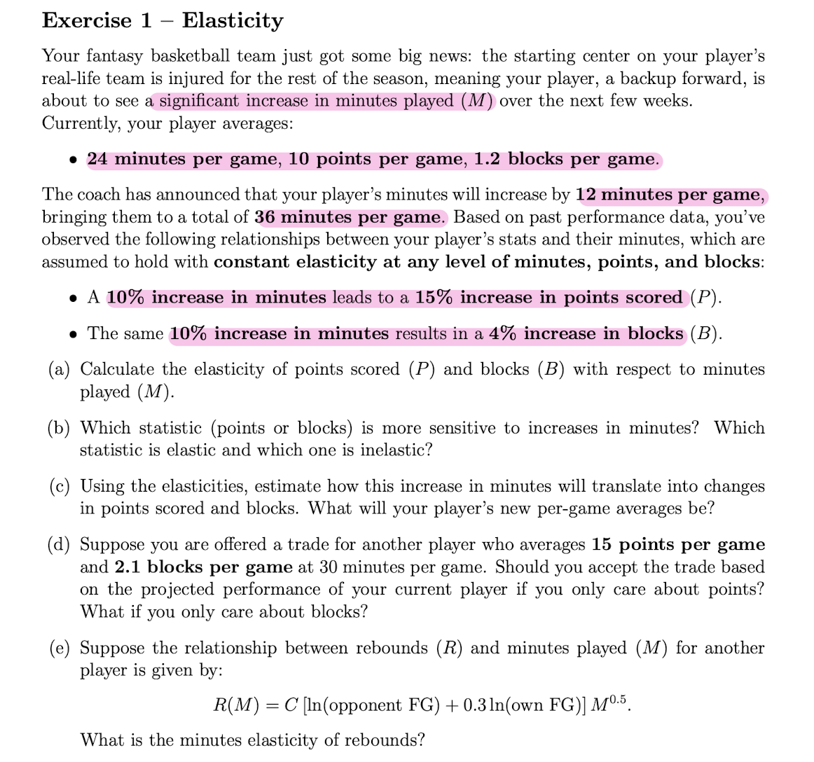 Solved Exercise 1 - ﻿Elasticity Your fantasy basketball team | Chegg.com