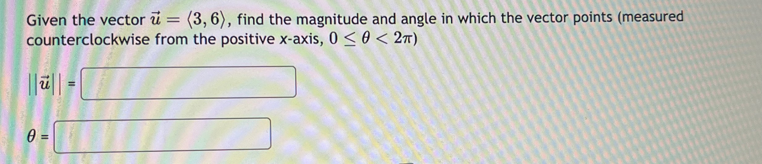 Solved Given the vector vec(u)=(:3,6:), ﻿find the magnitude | Chegg.com