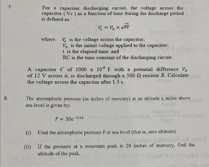 Solved For a capacitor discharging circuit, the voltage | Chegg.com