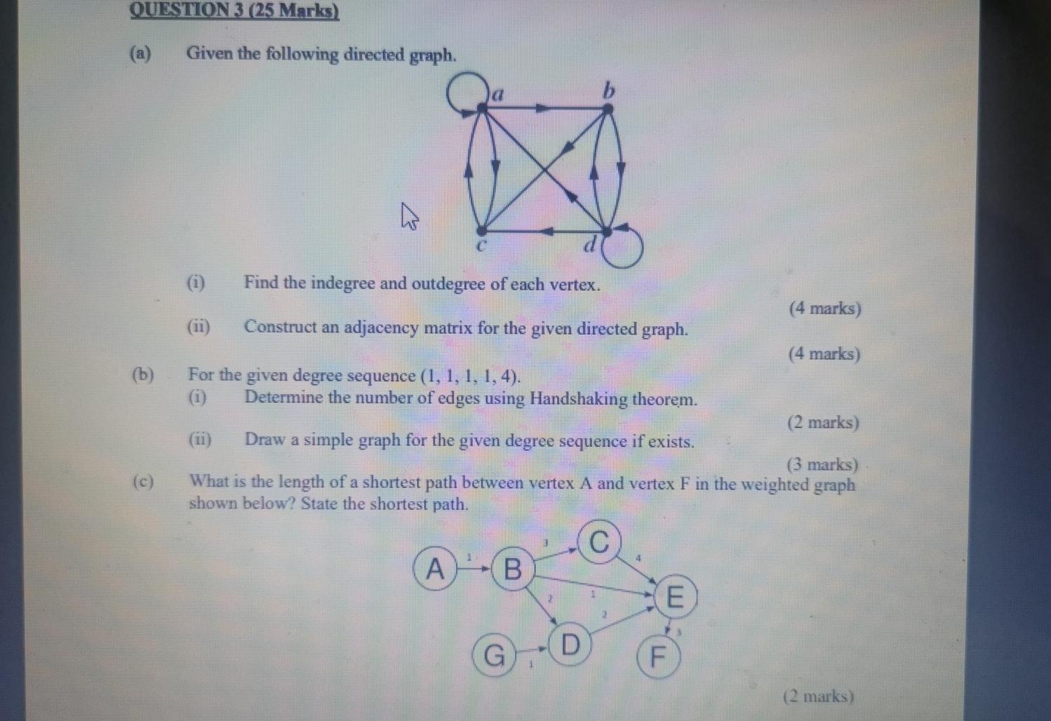 Solved QUESTION 3 25 Marks) (a) Given the following directed | Chegg.com