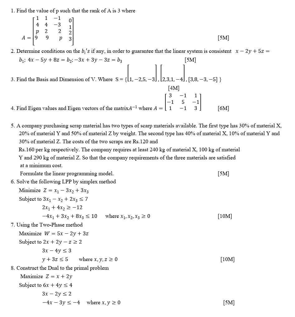 Solved need solution Find the value of p ﻿such that the rank | Chegg.com