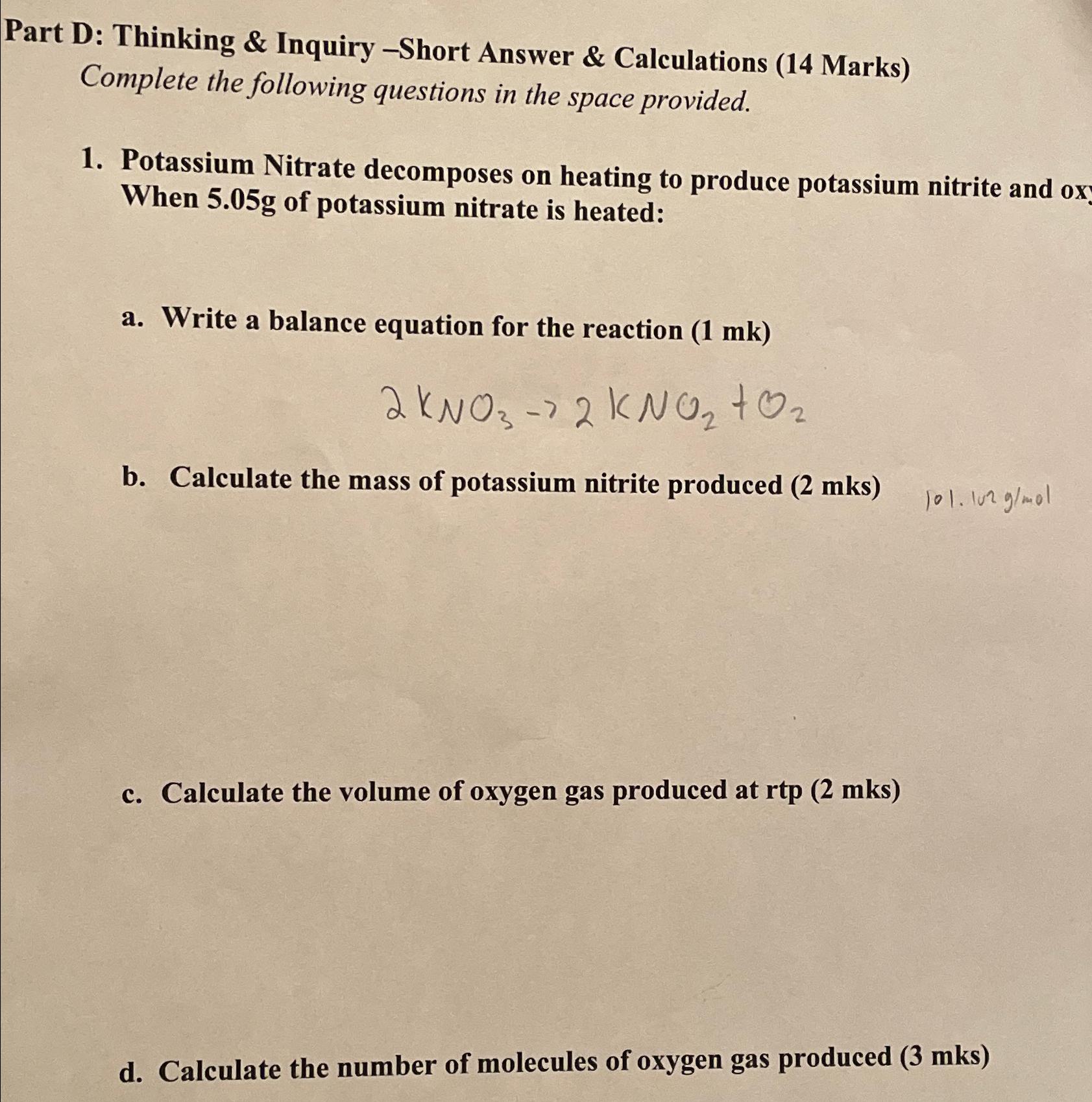 Solved Part D: Thinking & Inquiry -Short Answer & | Chegg.com