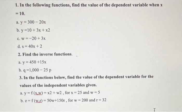 Solved 1. In the following functions, find the value of the | Chegg.com