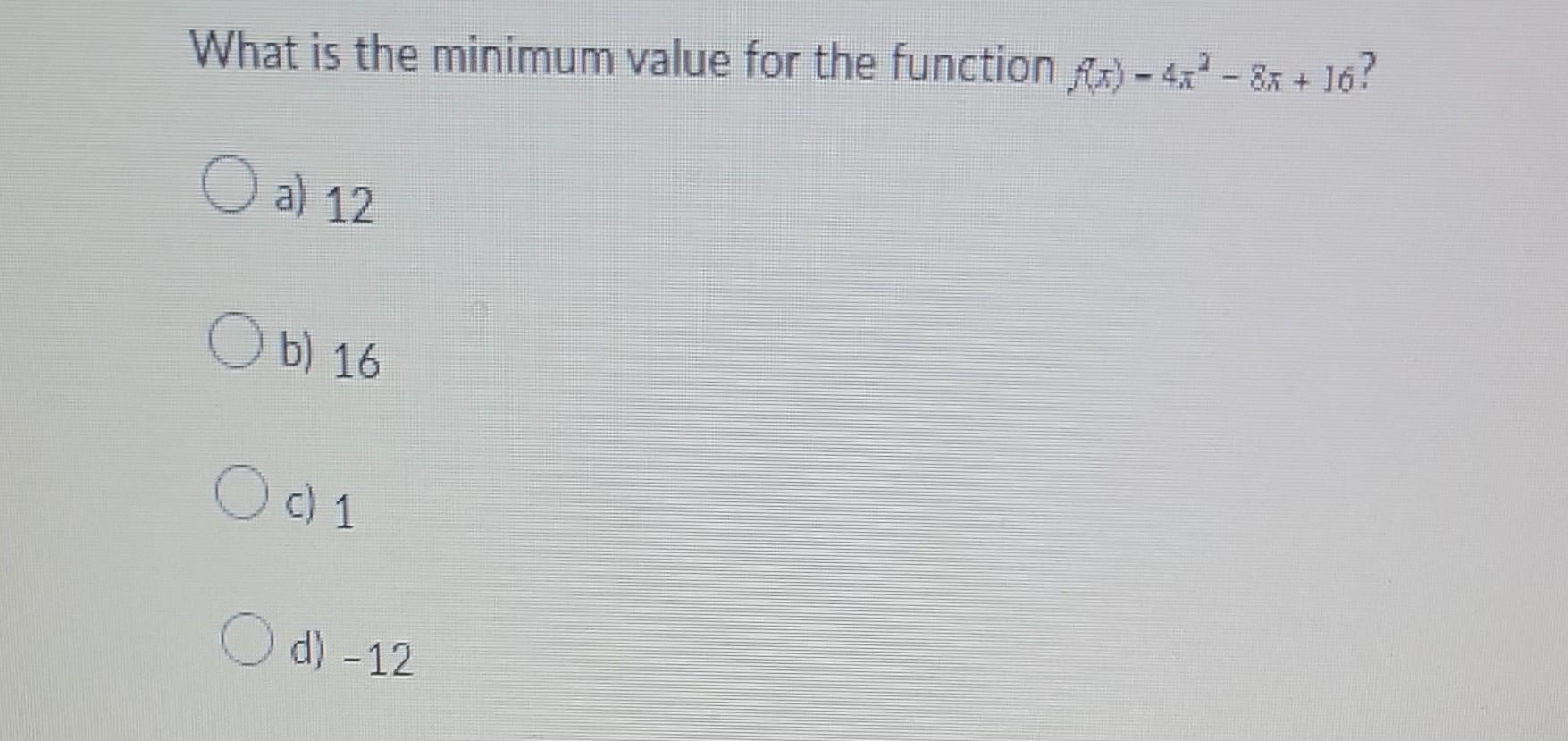 Solved What is the minimum value for the function | Chegg.com