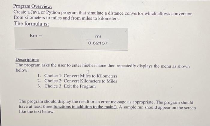 Solved Program Overview: Create a Java or Python program | Chegg.com