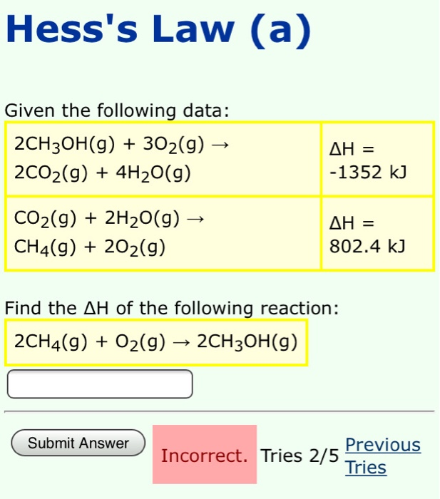 Solved Hess's Law (a) Given the following data: 2CH3OH(g) + | Chegg.com