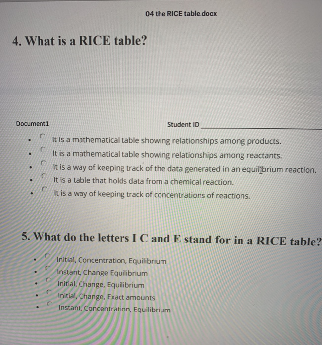 Solved 04 the RICE table.docx 4. What is a RICE table? | Chegg.com