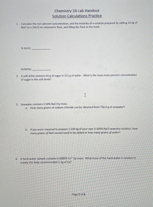 Solved Chemistry 2A Lab Handout Solution Calculations | Chegg.com